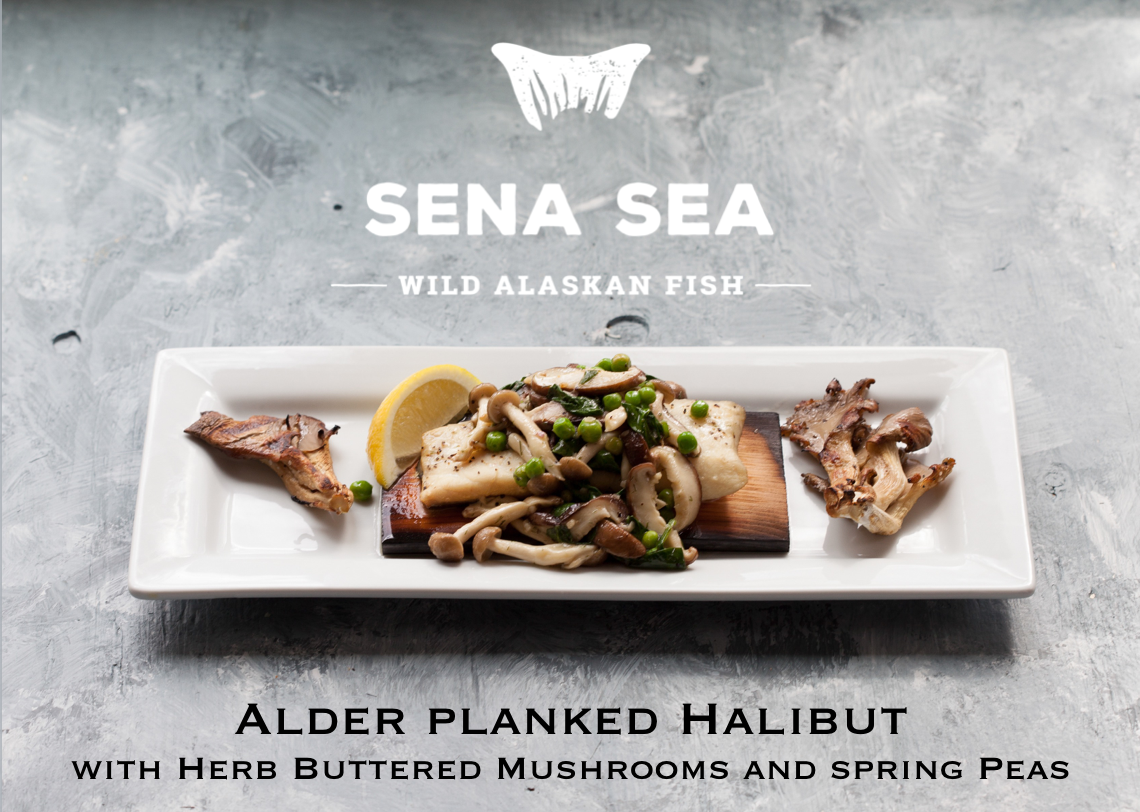 Alder planked Halibut with Herb Buttered Mushrooms and Spring Peas – Sena Sea