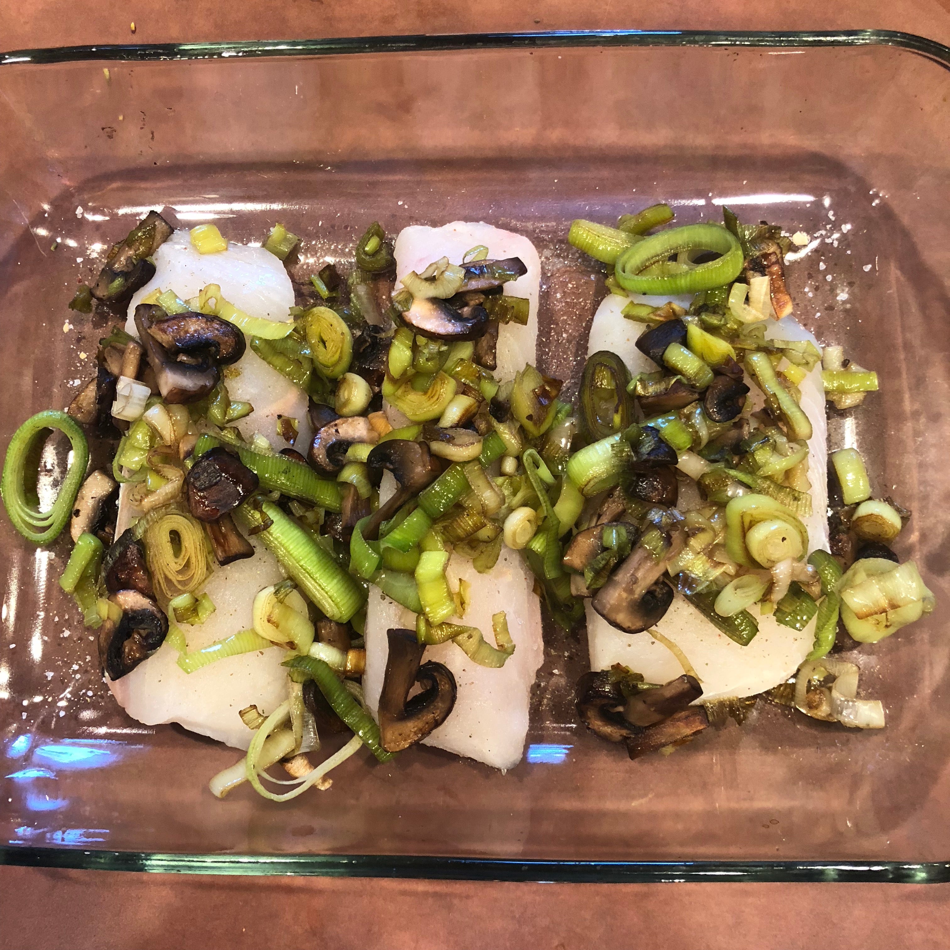 Halibut with Sauteed Leeks and Mushrooms – Sena Sea