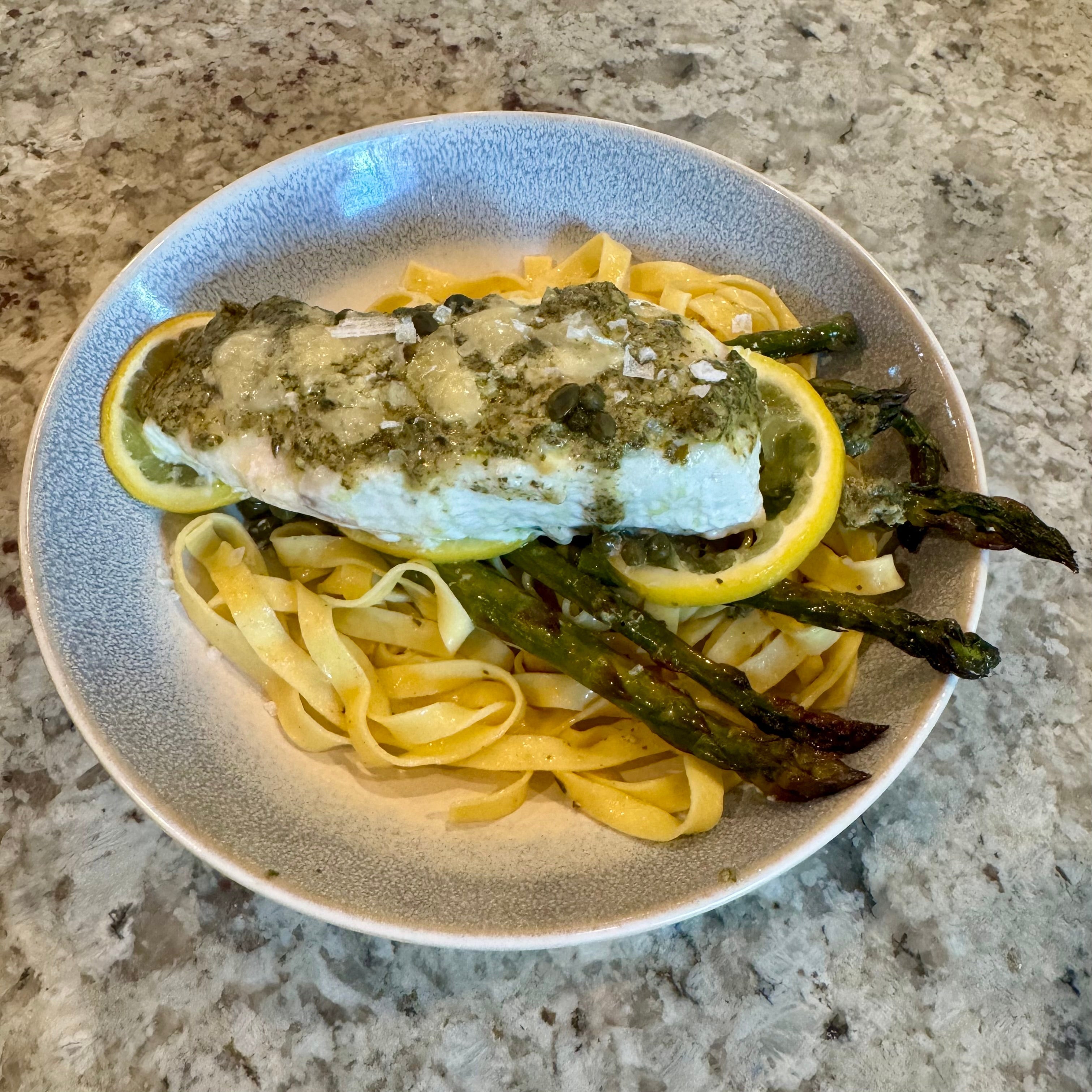 Pesto lemon Halibut with asparagus – Sena Sea
