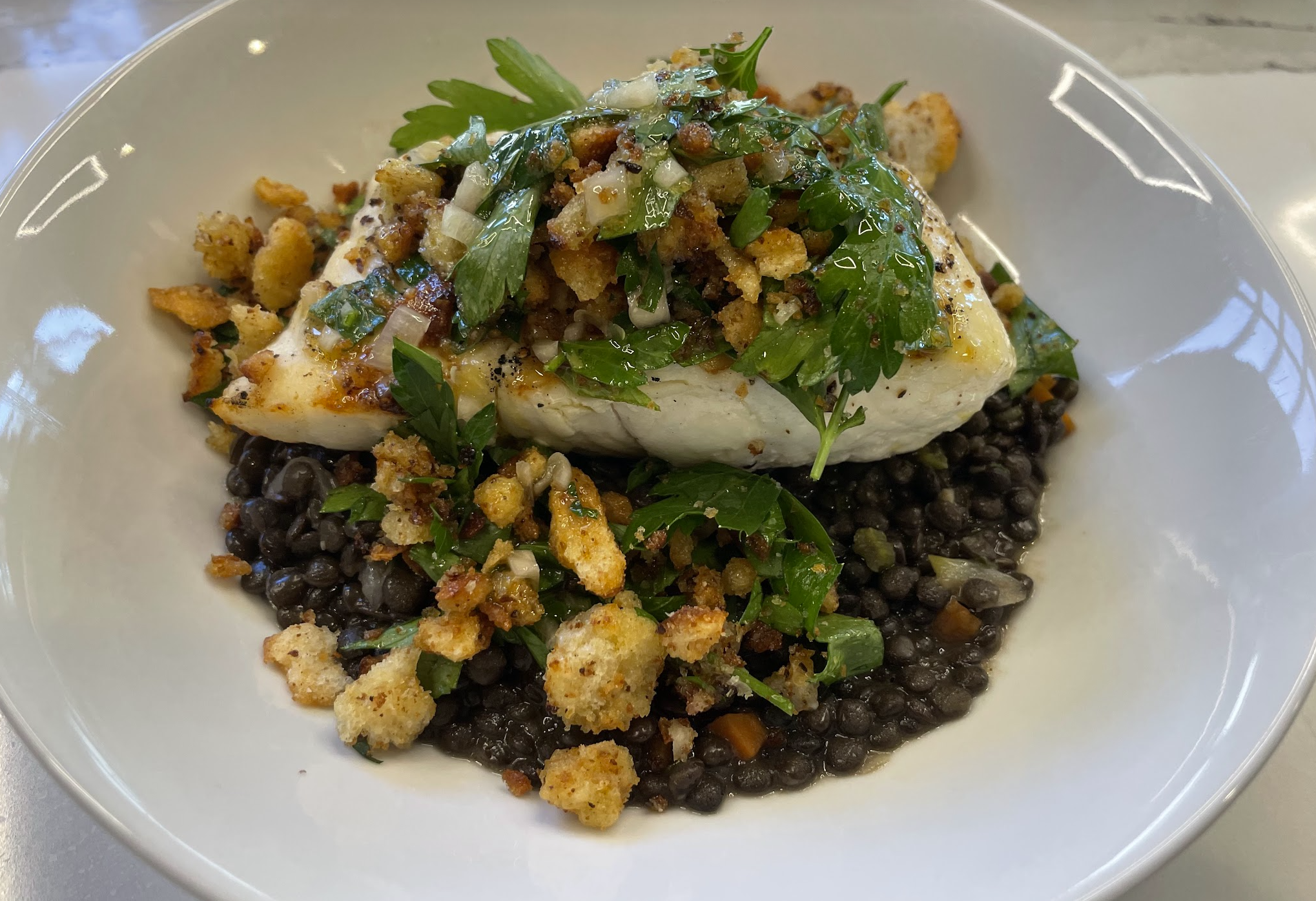 Pan-Roasted Halibut with Toasted Breadcrumb Salad and Green Lentils – Sena Sea