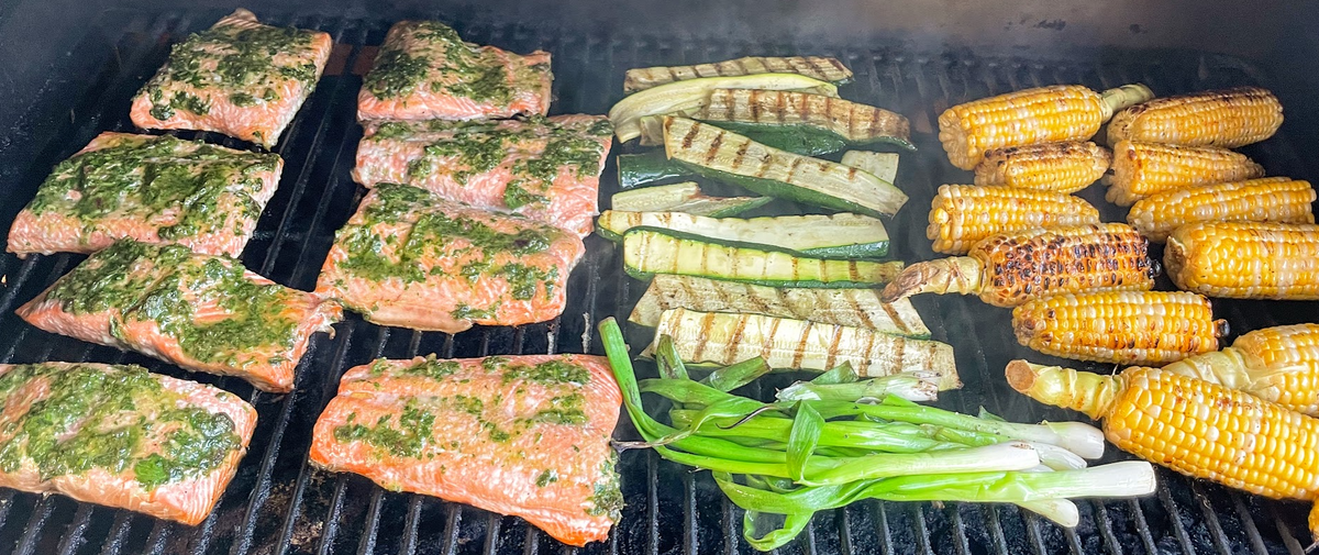 Grilled Chimichurri Salmon and Vegetables – Sena Sea